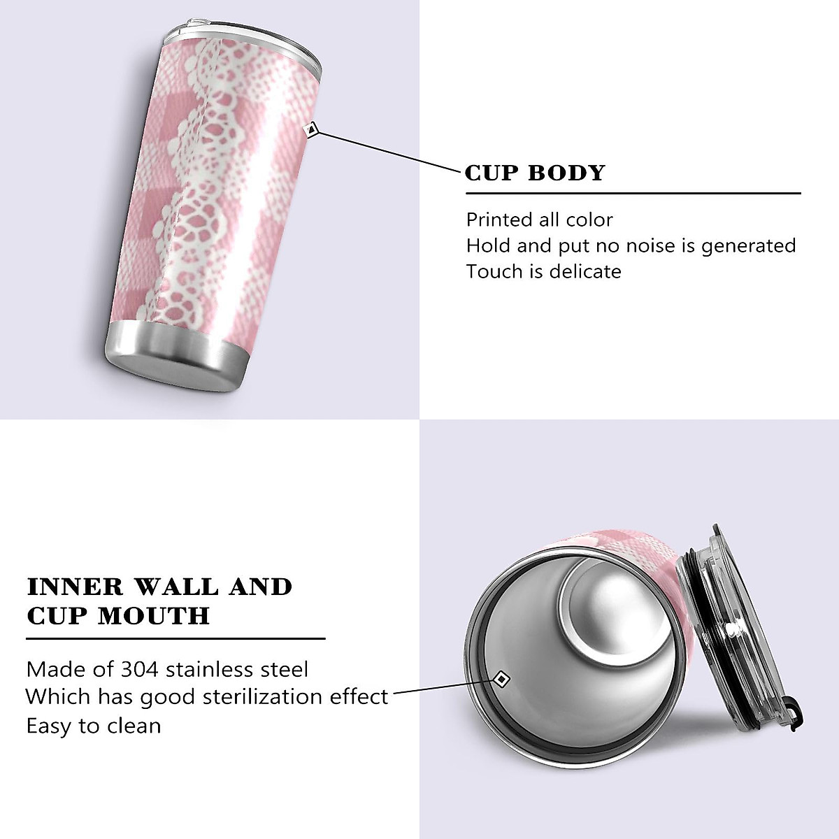 Amooorous Lovely Pink Lace Butterfly Plaid Stainless Steel insulated water bottle for home Leak-proof Lid and Straw coffee mug to go for camping vacuum insulated tumbler with lid vaso para