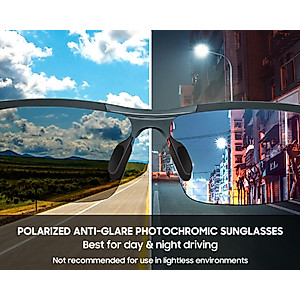 TJUTR Mens Polarized Photochromic Sunglasses Day & Night Driving Glasses Anti Glare | Ideal for Low to Medium Light Condition (Metal Gun/Grey Photochromic Polarized Lens)