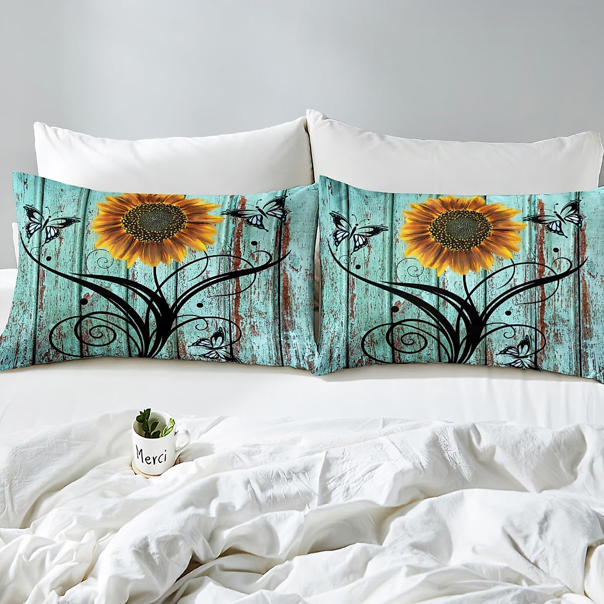 Adults Rustic Farmhouse Floral Duvet Cover Queen Country Butterfly Sunflower Bedding Set For Women Men Retro Grunge Turquoise Barn Door Comforter Cover Spring Nature Flower Botanical Bed Set 3 Pcs