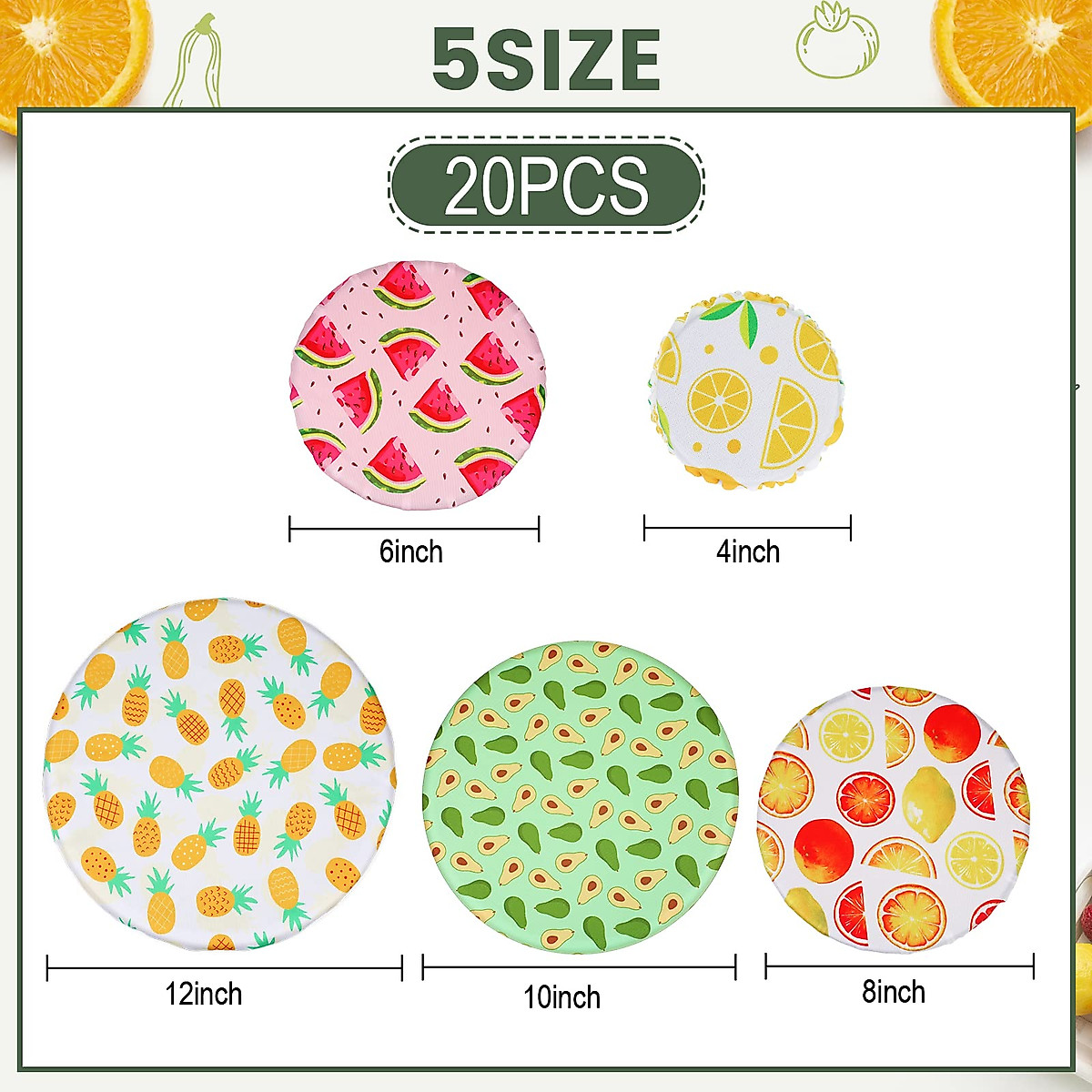 20 Pieces Summer Style Bowl Covers Reusable Fabric Stretch Covers for Bowls Fruit Style Elastic Food Storage Covers Cloth Dish Covers for Food Container Covers for Kitchen Jar Lids Wrap, Multiple Size