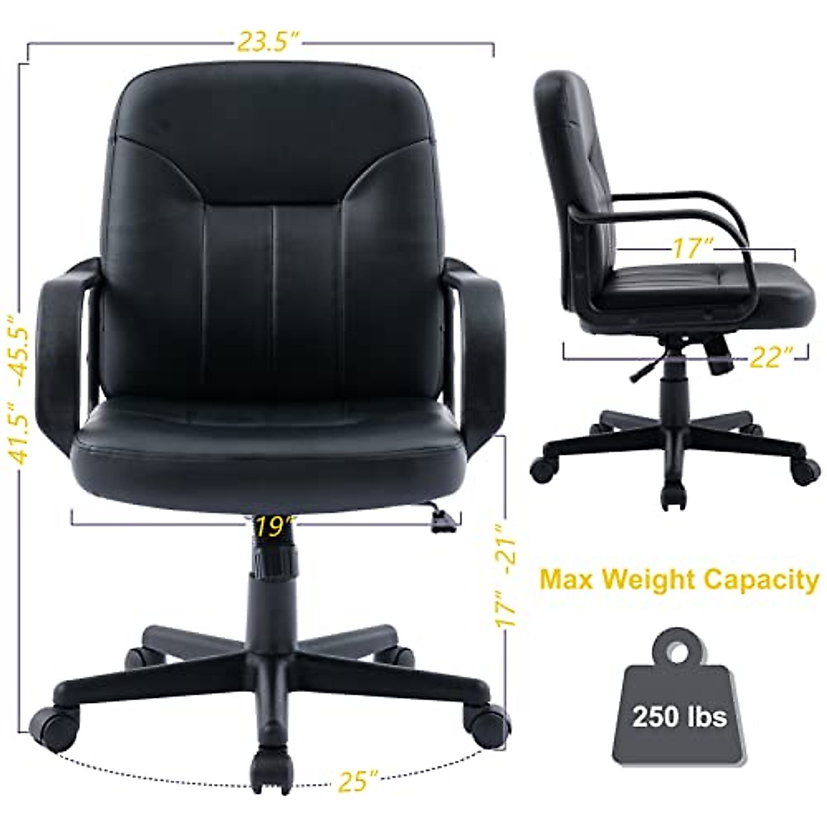 MFD LIVING Task Office Chair Mid- Back Computer Chair, Swivel Armrest Desk Chair PU Leather Tilt Executive Padded Home Office Chair (Black)