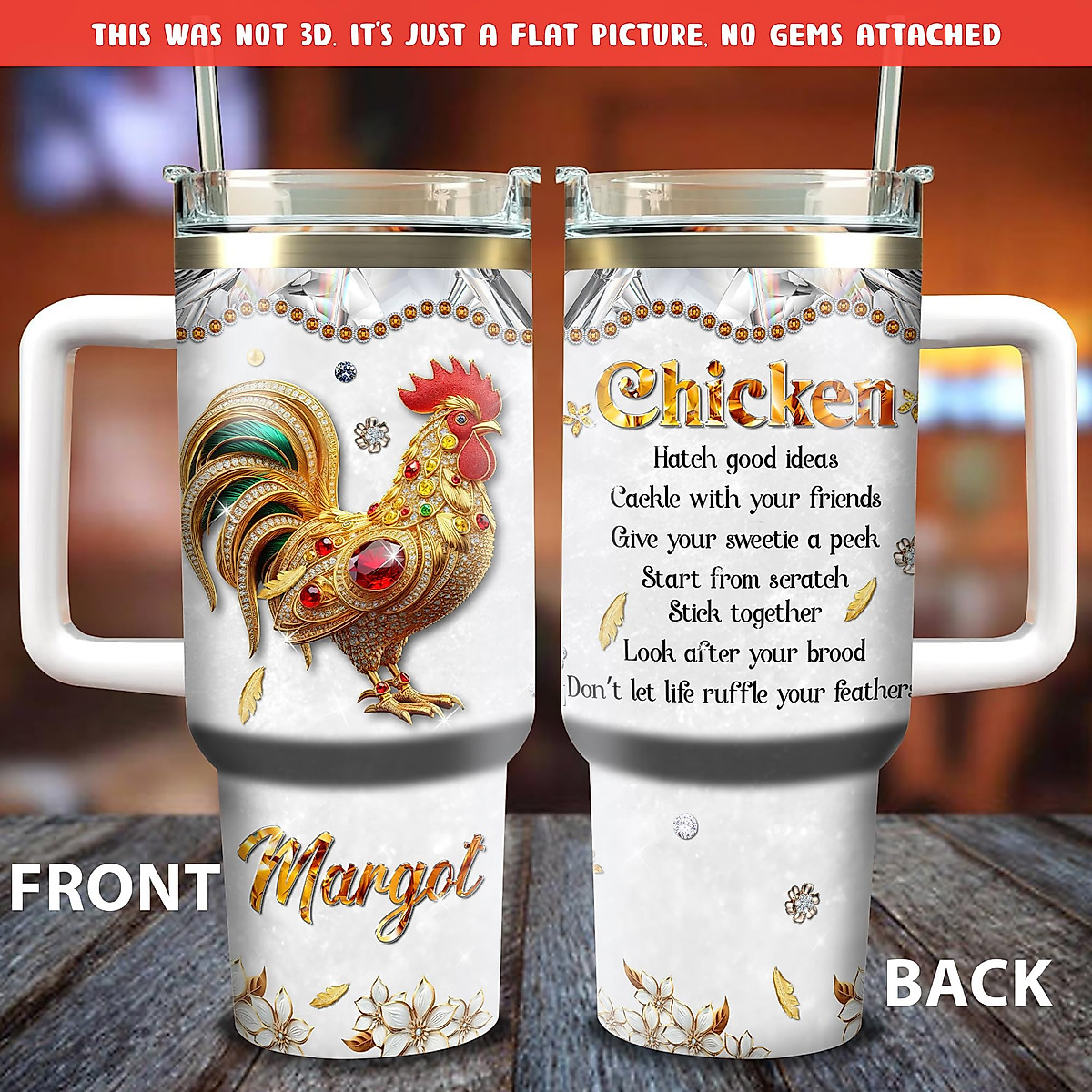 WAZONE Personalized A Chicken Tumbler 40oz with Handle and Straw Stainless Steel Jewelry Style Hen Rooster For Chickens Lovers Men Women Poultry Custom Gift Farm Animal
