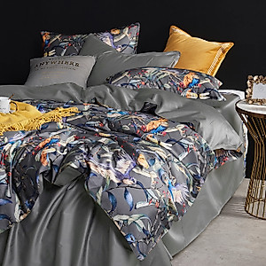 Eikei Home Chinoiserie Chic Peacock Floral Duvet Cover Paradise Garden Botanical Bird and Tree Branches Vintage Stylized Long Staple Cotton Bedding Set (Gray, Queen)