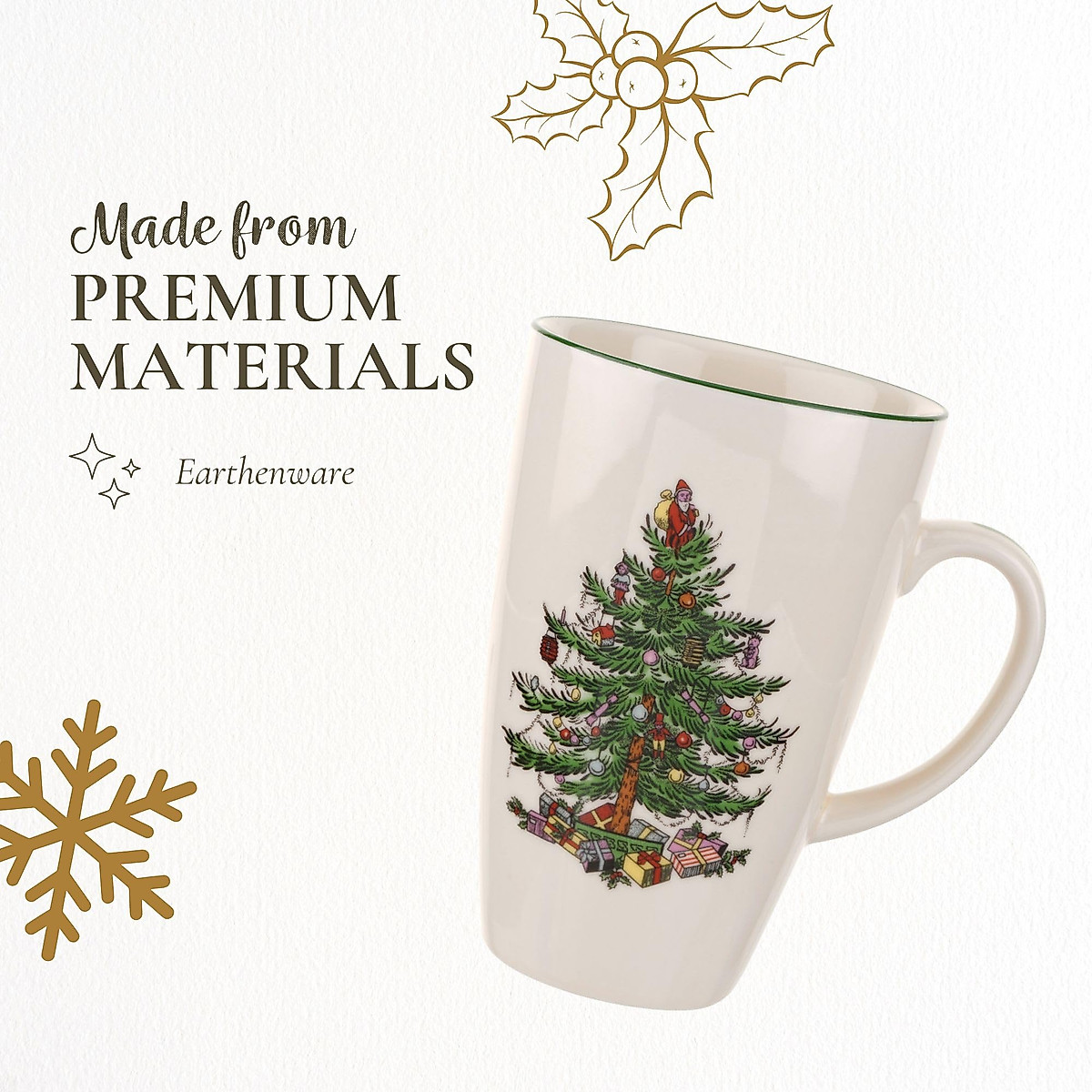 Spode Christmas Tree Latte Mug - 22 Oz Holiday Coffee Cup for Tea, Hot Cocoa, and More - Classic Green Banded Christmas Tree Design - Dishwasher & Microwave Safe Fine Earthenware Mug