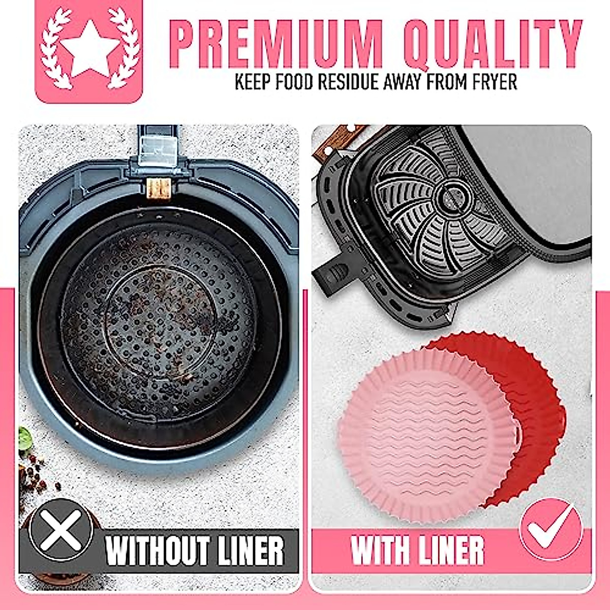 Hashimi Store Upgraded Air Fryer Silicone Liners with Heat Gloves-Pack of 2,Round Shape with Handles-Fit for 3 to 5 QT Air Fryer, Replace Paper with Silicone Air Fryer Liners (Red & Pink)