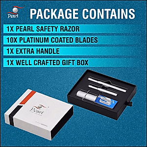 Pearl K2 Dual handle Double Edge Safety Razor made with Brass Metal Handle - New Premium Razor with two handle (long & short) and 10 Premium Stainless Steel Blades for smooth & Irritation-free shave