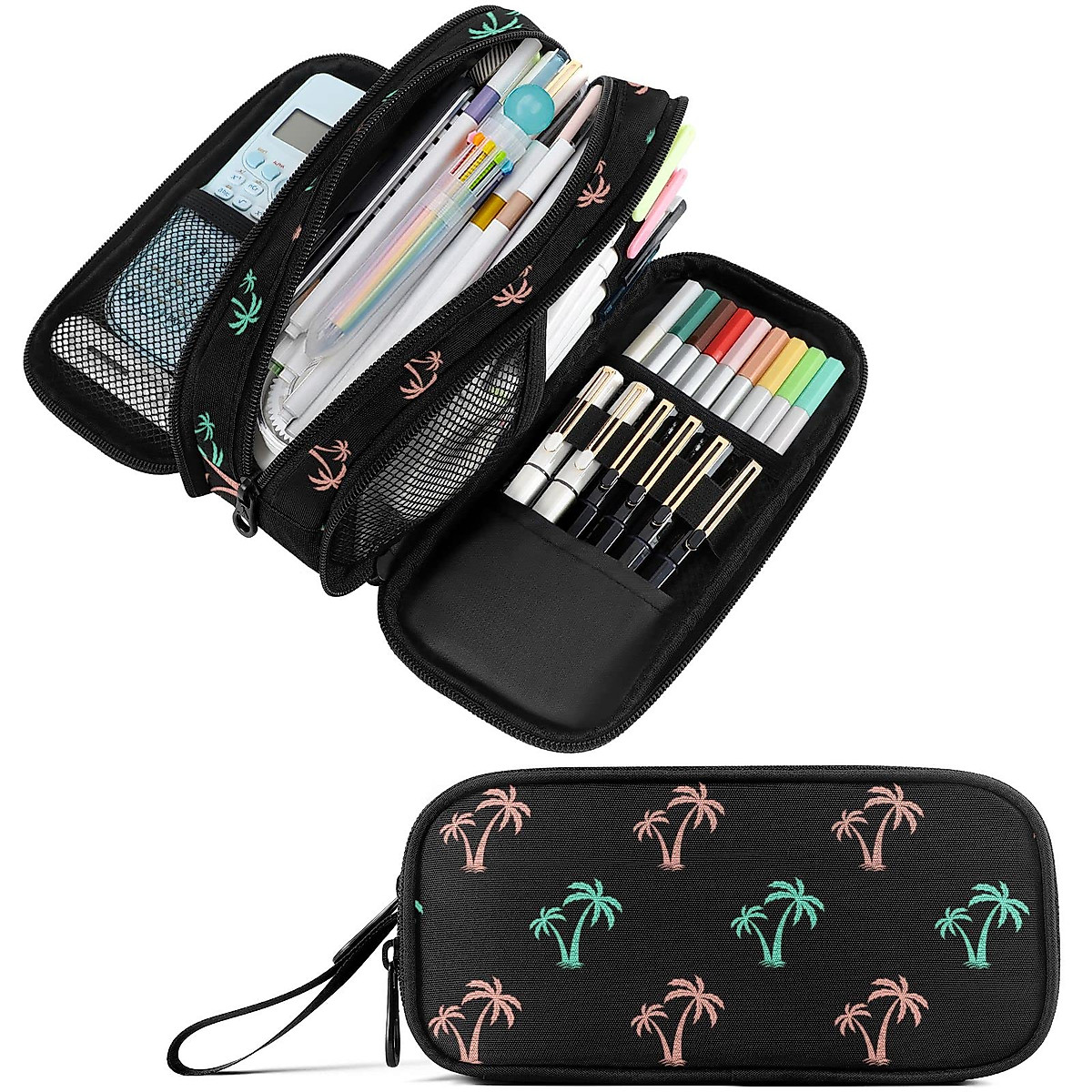 Fustylead Palm Trees Pencil Pen Case Stationery Bag, 3 Compartments School College Office Desk Organizer Storage Pouch Makeup Bag for Teen Boys Girls Students