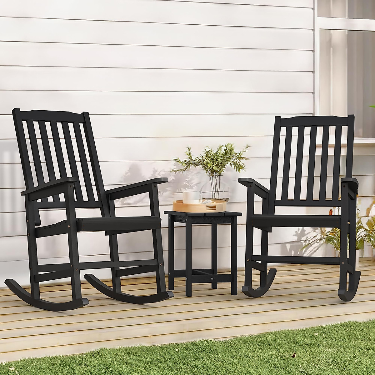 Cozyman Outdoor Rocking Chairs Set of 2, Acacia Wood Rocking Chairs, Patio Rocker Chair with Wide Seats, Black