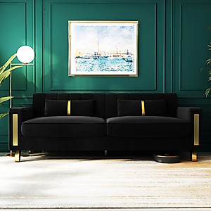 ANTTYBALE Couch 85.62" 3 Seats Sectional Velvet Fabric Sofa Easy Assemble Sofa Bed with 2 Couch Pillows,Gold Metal Legs for Living Room (P17, Black)