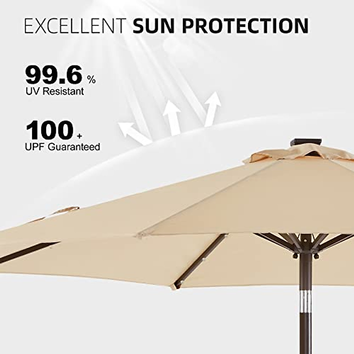 wikiwiki 9ft Outdoor Patio Table Umbrella, Sturdy Solar Led Market Umbrella for Deck, Pool, Garden w/Tilt, Crank, 32 LED Lights - Beige