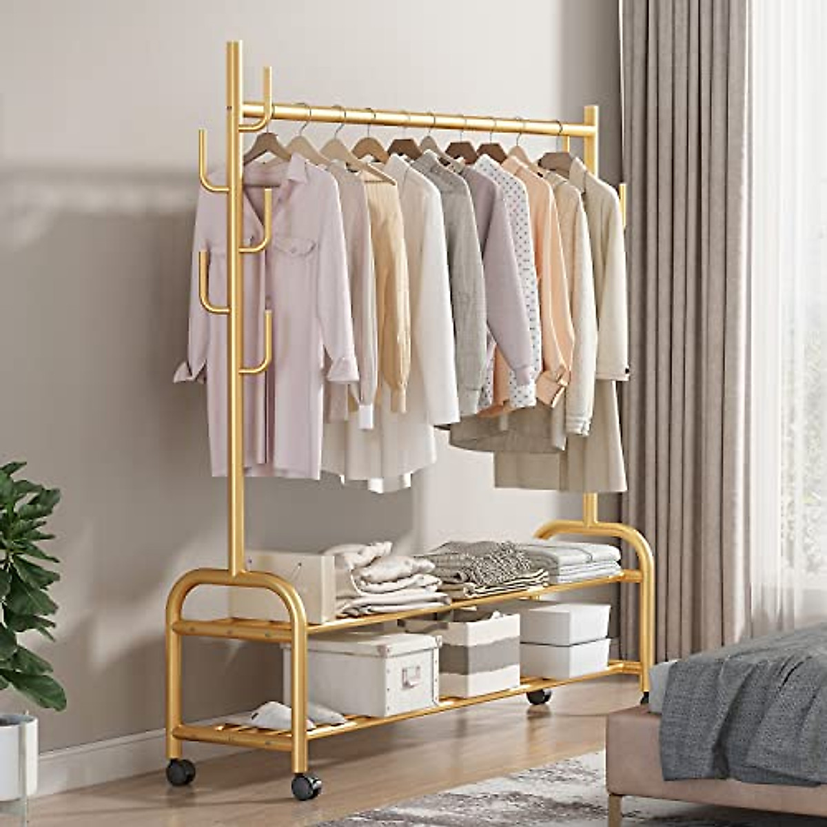 GAMNOF Gold Clothes Rack with Wheels Gold Garment Rack with Storage Shelf Freestanding Gold Clothing Racks for Hanging Clothes