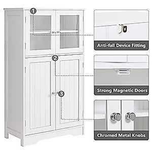 IWELL Bathroom Wall Cabinet & Bathroom Floor Cabinet bundle, Medicine Cabinet with 1 Adjustable Shelf & Double Doors, Storage Cabinet with Glass Doors & Adjustable Shelf, Wall Mounted Bathroom Cabinet