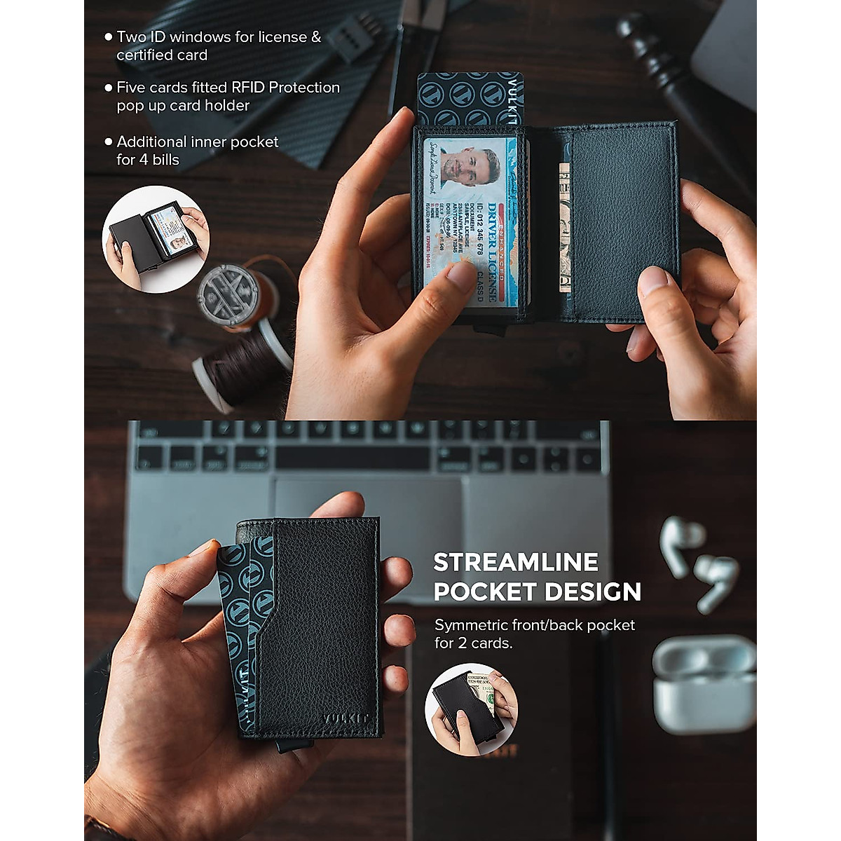 VULKIT Card Holder Wallet for Mens with ID Windows RFID Blocking Pop Up Wallet Slim Leather Wallet Holds Up to 12 Cards Men's Card Case, Black