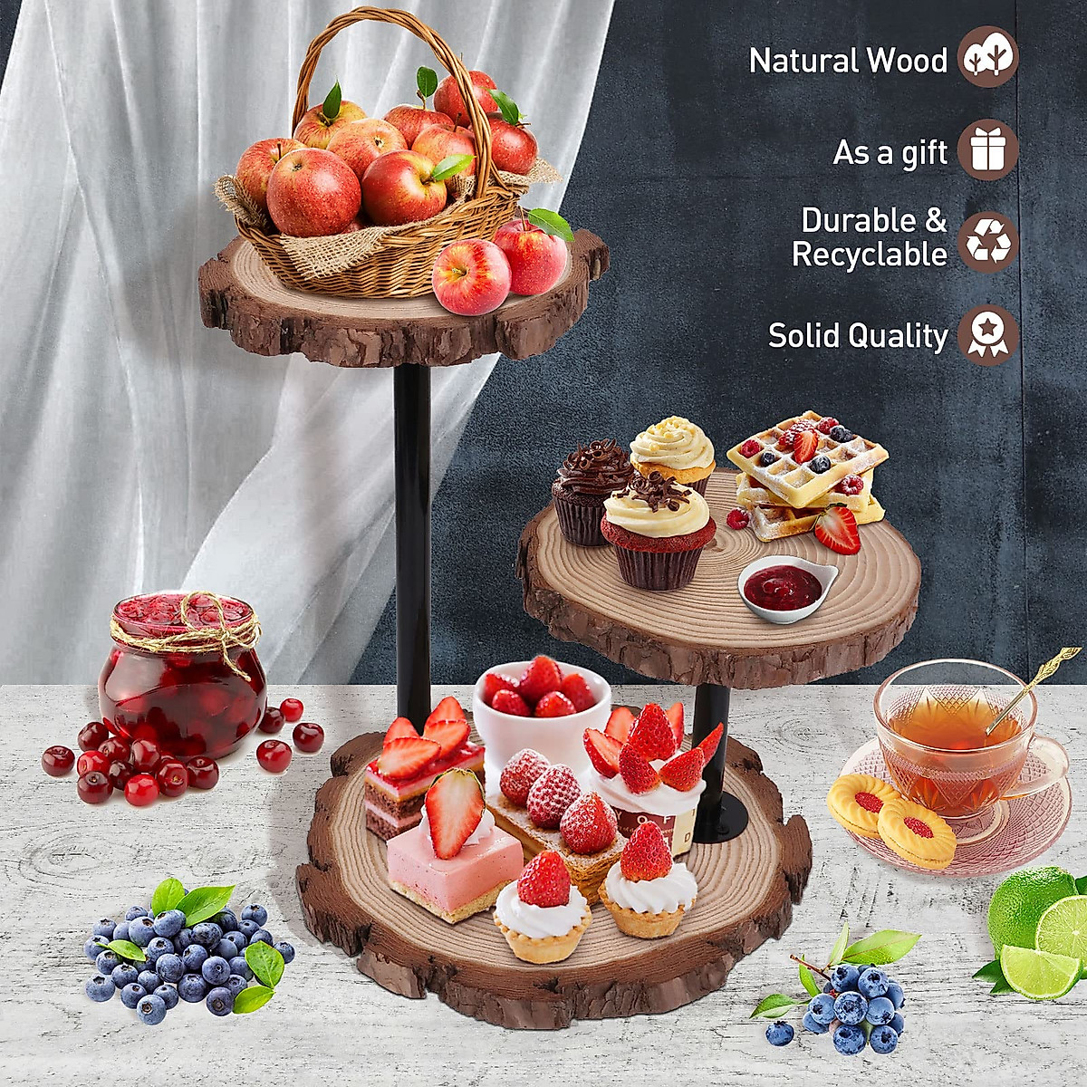 Wood Cupcake Stand Holder, Round Cake Stands for Weeding Dessert Table, 3 Tier Cake Didplay Stands for Party Presenting, Birthday, Parties, Weddings, Natural Wooden Cake Stand Dessert Display
