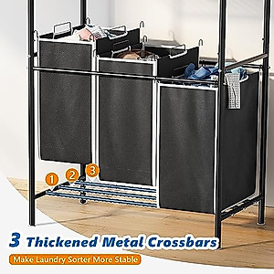 Raybee Laundry Sorter 3 Section Laundry Hamper Sorter with Adjustable Storage Shelf 145L Laundry Basket Organizer with Removable Bag 3 Compartment Laundry Hampers for Laundry Room Organization Baskets