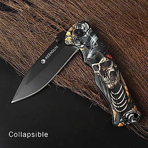KEENSUN Pocket Folding Knife –Tactical Knife,Hunting Knife,Flipper Knife,EDC Knife.Speed Safe Spring Assisted Opening Knifes with Liner Lock,Thumb stud and Pocketclip.Good for Camping,Hiking,Indoor and Outdoor Activities,Skeleton King 3D Printing patterns