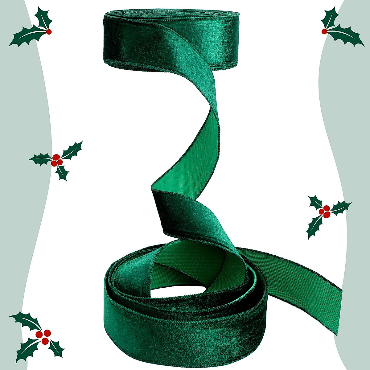 WILLBOND 50 Yards 2.5 Inch Christmas Velvet Wired Ribbon Fabric Decorative Ribbon Gift Wrapping Ribbon for DIY Craft Christmas Holiday Bows Wreath Wedding Indoor Outdoor(Green)