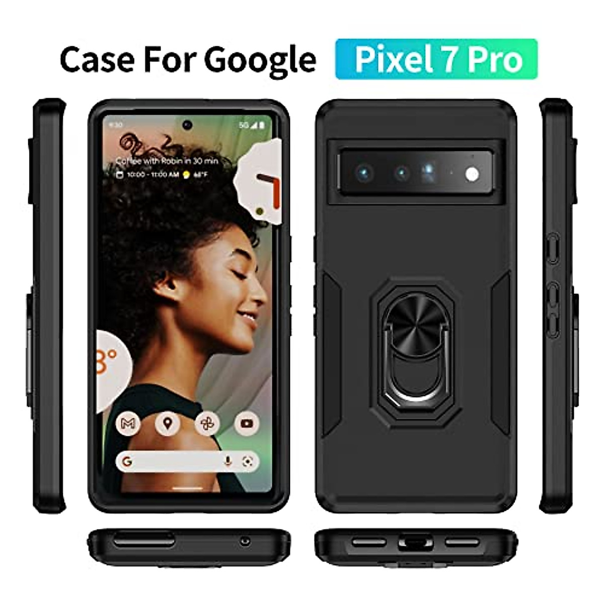 Niecase for Google Pixel 7 Pro 5G Case with Screen Protector & Camera Lens Protector, Heavy Duty Shockproof Protective Phone Cover, Built in 360° Rotatable Magnetic Ring Holder for 7 Pro (Black)