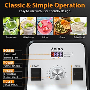 Aeitto Blender, Blenders for Kitchen with 1500-Watt Motor, 68 Oz Large Capacity, Countertop Professional Blenders for Ice Crush, Frozen Drinks(Sliver)