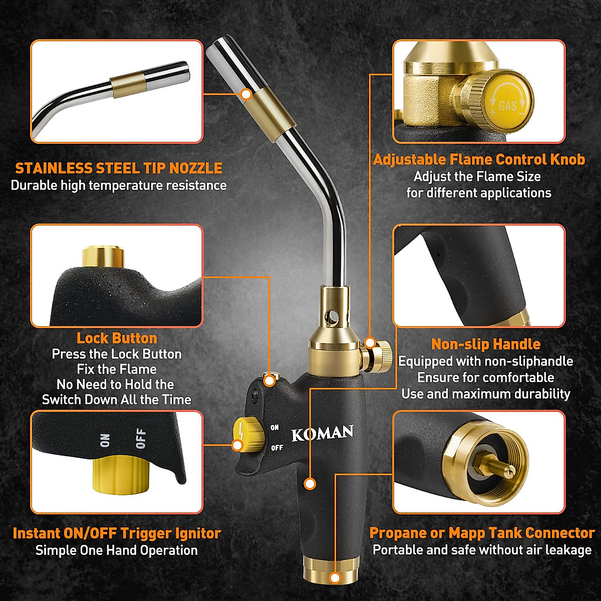 KOMAN Propane Torch Head,High Intensity Trigger Start Mapp Gas Torch Kit with Self Ignition, Welding Torch Head by Propane MAPP, MAP/PRO,for Soldering,Brazing,Stripping Paint,Cooking(CSA Certified)