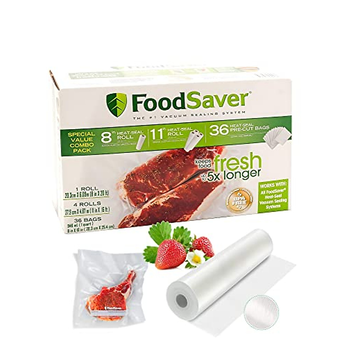 FoodSaver B005SIQKR6 Special Value Vacuum Seal Combo Pack 1-8" 4-11" Rolls 36 Pre-Cut Bags, 1Pack, Clear