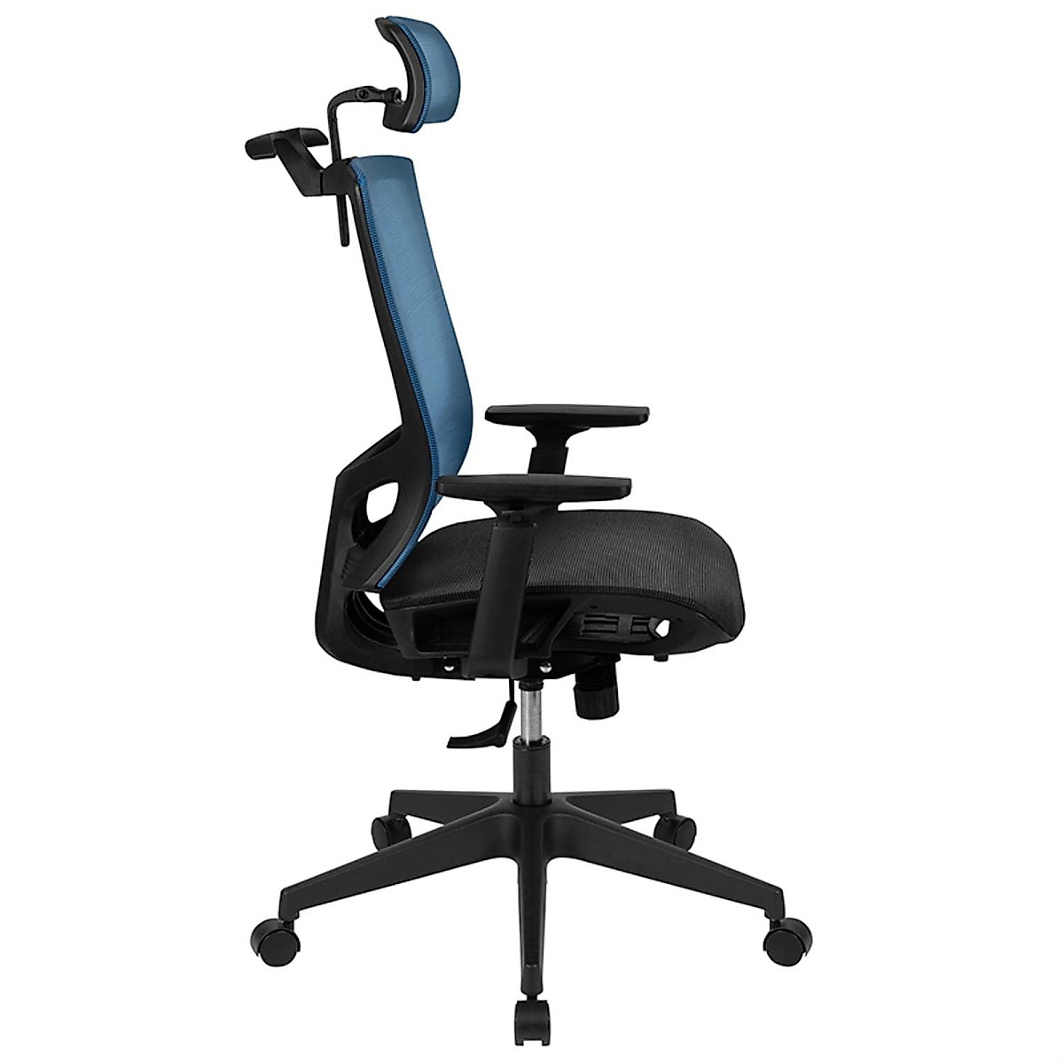Flash Furniture Layla Ergonomic Mesh Office Chair with Synchro-Tilt, Pivot Adjustable Headrest, Lumbar Support, Coat Hanger and Adjustable Arms in Blue/Black