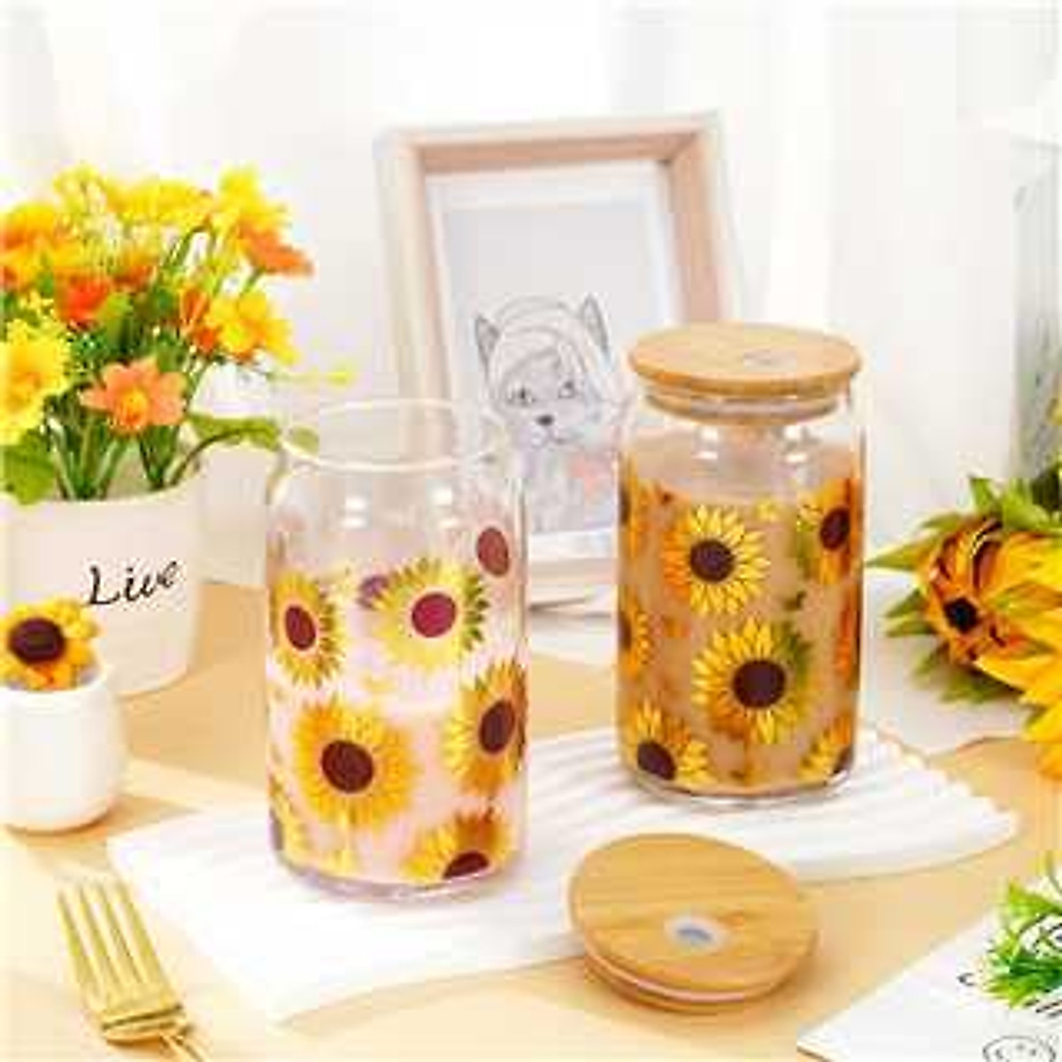 Whaline Glitter Sunflower Beer Can Glasses with Bamboo Lids and Straw Summer Sunflower Drinking Glasses Iced Coffee Cup for Holiday Travel Cocktails Whiskey Beer Soda Gifts, 2Pcs