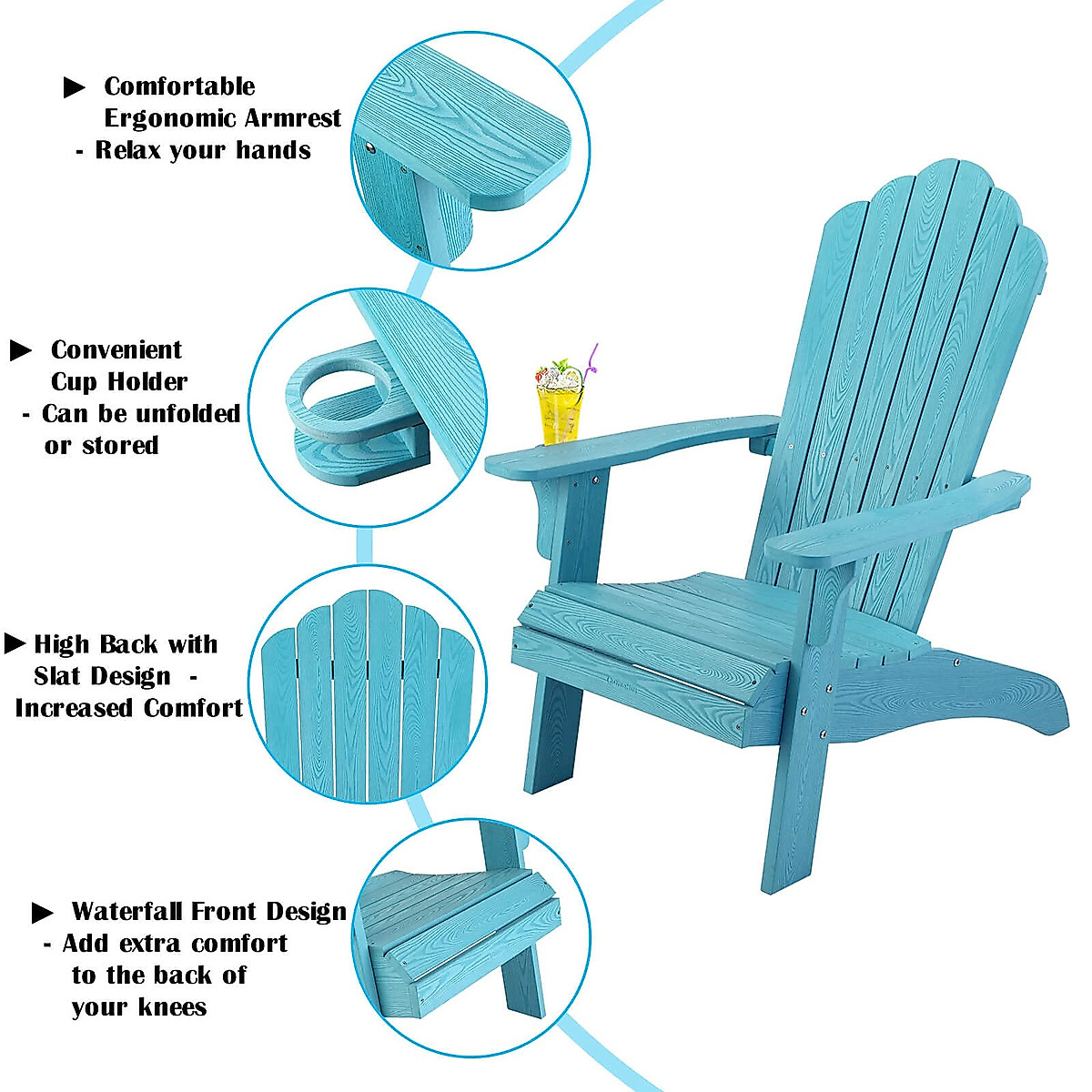 hOmeHua Oversized Plastic Weather Resistant Adirondack Chair with Cup Holder, Imitation Wood Stripes, Easy Assemble & Maintain,Outdoor Chair for Patio, Backyard Deck, Fire Pit - Lake Blue