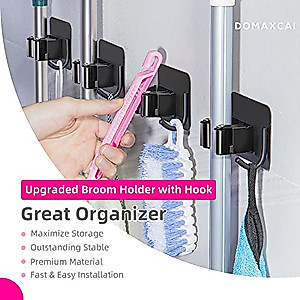 DOMAXCAI 4 Pack Broom Holder Wall Mount, Upgraded Broom Holder, Super Anti-Slip Mop and Broom Holder Wall Mount, Self Adhesive Broom Hanger Gripper for Bathroom, Garage Laundry Room Storage, Black