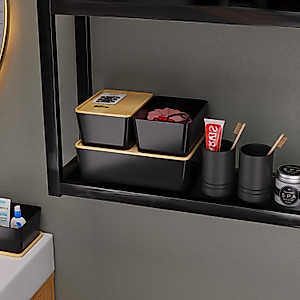 CHANCETSUI Stackable Storage Bins lids For Work: 7X10 Black Storage bins, Office Desk Accessories Storage Containers with Lids, Stackable Bins for Home and Office Organization, bamboo Lid, 2 Pack