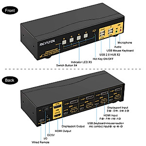 4 Port KVM Switch Dual Monitor HDMI + DisplayPort 4K 60Hz, DEPZOL KVM Switch for 4 Computers 2 Monitors with USB 2.0 HUB and Cables 642DH
