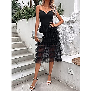 Floerns Women's Spaghetti Strap Sleeveless Ruffle Mesh Hem Midi Cami Dress Black M