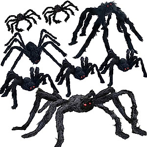 UNGLINGA 8 Large Spiders Halloween Decorations Outdoor Indoor, Fake Spiders Scary Decorations, Black Posable Halloween Spiders for Yard Porch Haunted House Party