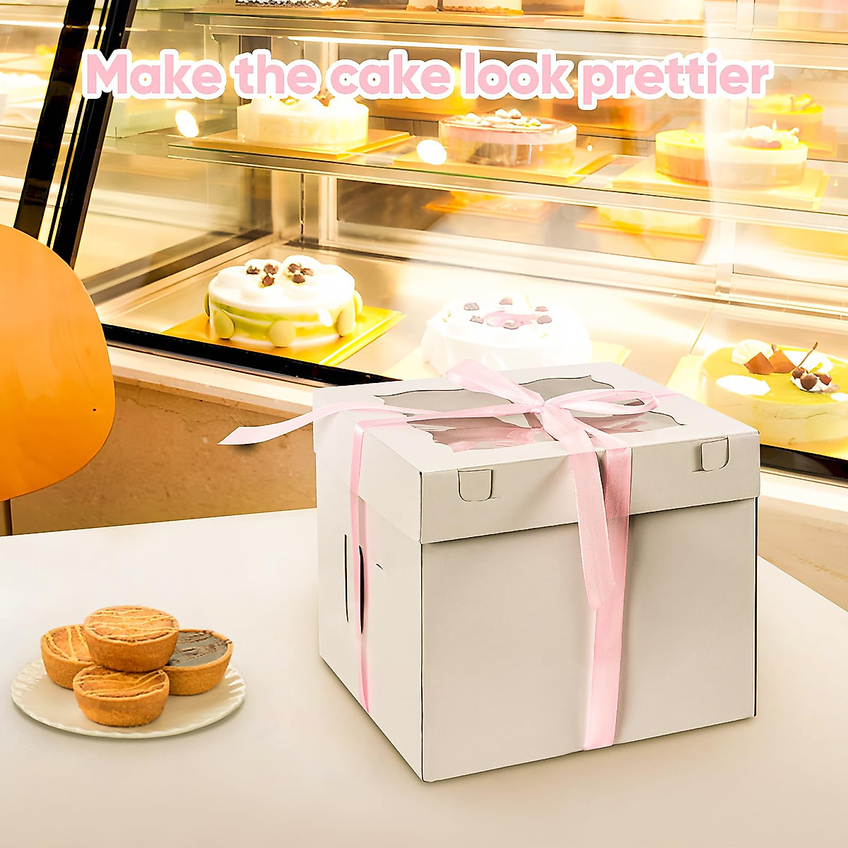 Zeonly 5 Pcs 10x10x8 inch Corrugated Cake Boxes with Cake Boards,10 inch Tall Cake Box with Stickers and Ribbon for Christmas Wedding Birthday Party