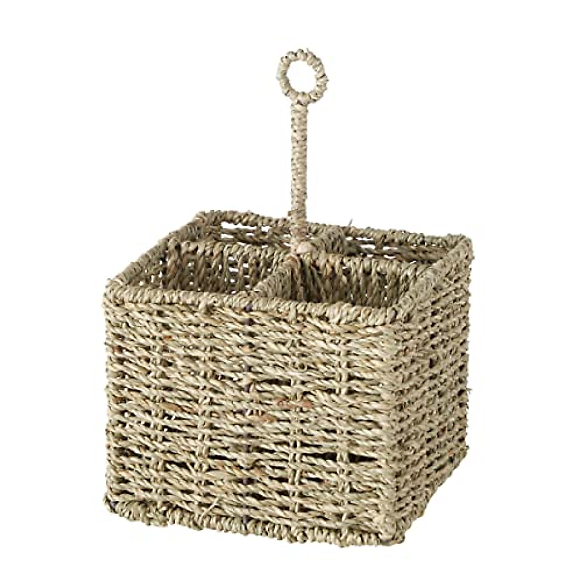 4 Compartment Basket Caddy, Bottle and Condiment Holder, Woven Wicker Over Metal Frame, Seagrass, 10.5 Inches