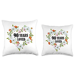 90th Birthday Gift Ideas for Her Him Floral Old Birthday Men Women 90 Years Loved Throw Pillow, 18x18, Multicolor