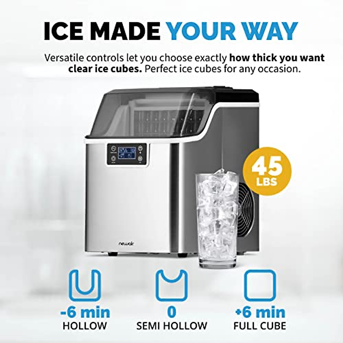 Newair NIM045SS00 45 lbs. Portable Countertop Clear Ice Maker with FrozenFall Technology, Custom Ice Thickness Controls, 24 Hour Timer, Large Viewing Ice Window, Perfect for Cocktails, Scotch, Soda