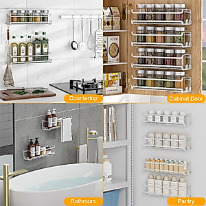 LUCYCAZ 4 Pack Wall Mounted Spice Rack with 16 Hooks, Spice Rack Organizer for Cabinet Pantry Door,Screw or Adhesive Spice Shelf Hanging Wall Spice Rack for Spice Jars and Seasonings (White)