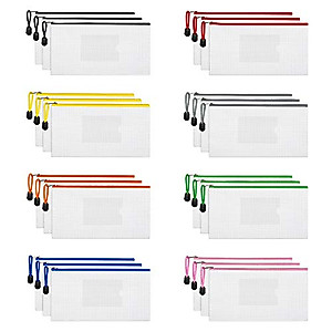 Sooez 24 Pack Mesh Zipper Pouch, Poly Zip Envelope with Label Pocket, Pencil Case Bulk, Pencil Bags Zipper Pencil Pouch, Reusable Envelopes, for Bills, Cash, Cosmetics, 9.1×4.7 Inches