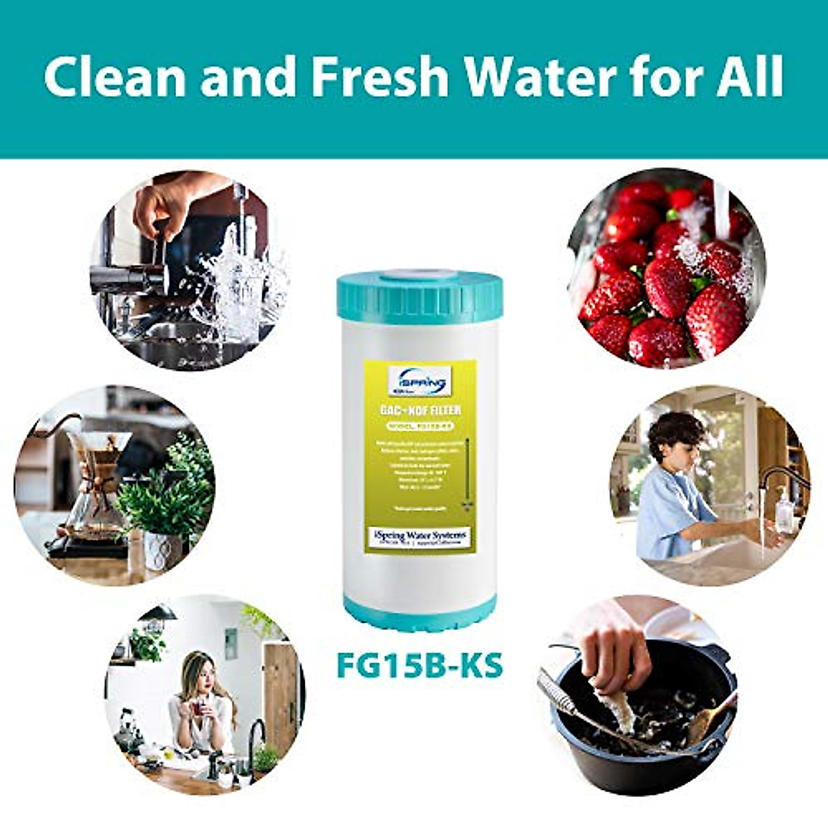 iSpring FG15B-KS Premium Quality Super Capacity GAC and KDF Carbon Filter Replacement Cartridge for Direct Connect Under Sink Water Filtration System US21B, 10” x 4.5”