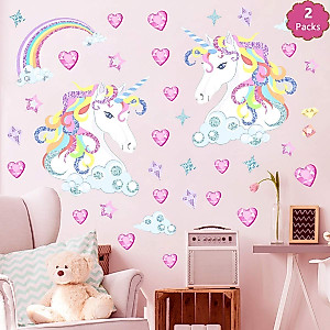 Rainbow Unicorn Wall Decals Gifts for Kids Decor with Hearts Girls Room Wall Stickers Nursery Vinyl Polka Bedroom (2PCS)