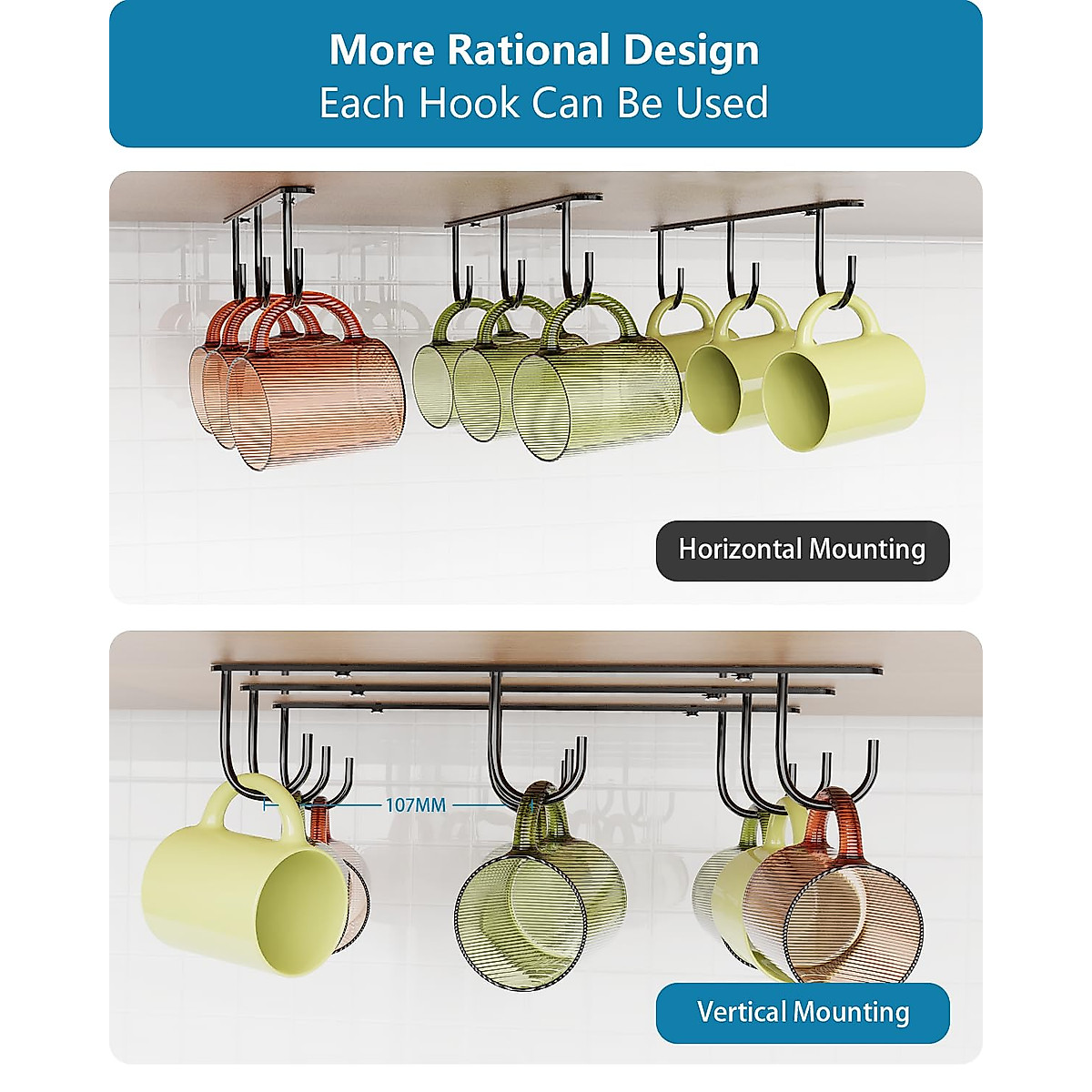 Luckinow 3 Pack Mug Hooks Under Cabinet, Coffee Mug Holder for Hanging Under Shelf, Coffee Cup with 9 Hooks for Displaying Mugs, Coffee Cups and Kitchen Utensils, Black