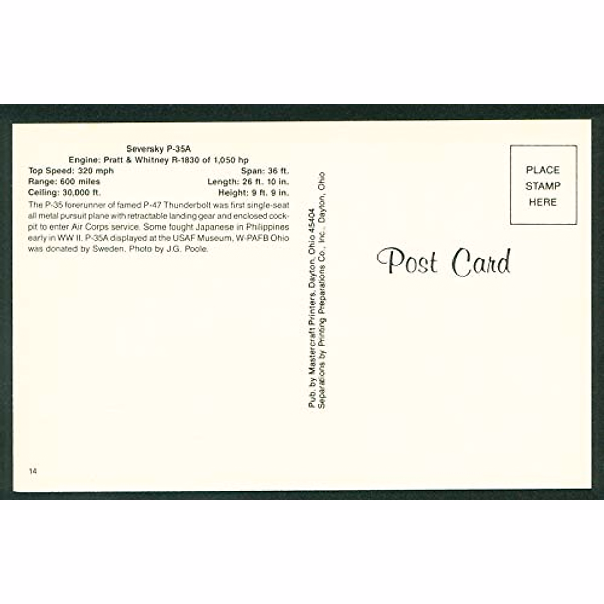 Seversky P-35 Pursuit Airplane WWII Air Corps Postcard