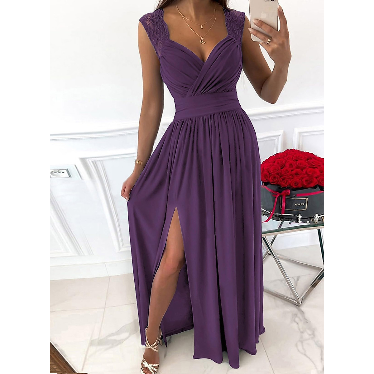 Dokotoo Womens Ladies Elegant Floor Length A Line Wrap Deep V Neck Backless Ruched Pleated Ruffled Split Long Maxi Formal Evening Party Prom Dress Bridesmaid Wedding Guest Dresses for Women Purple L