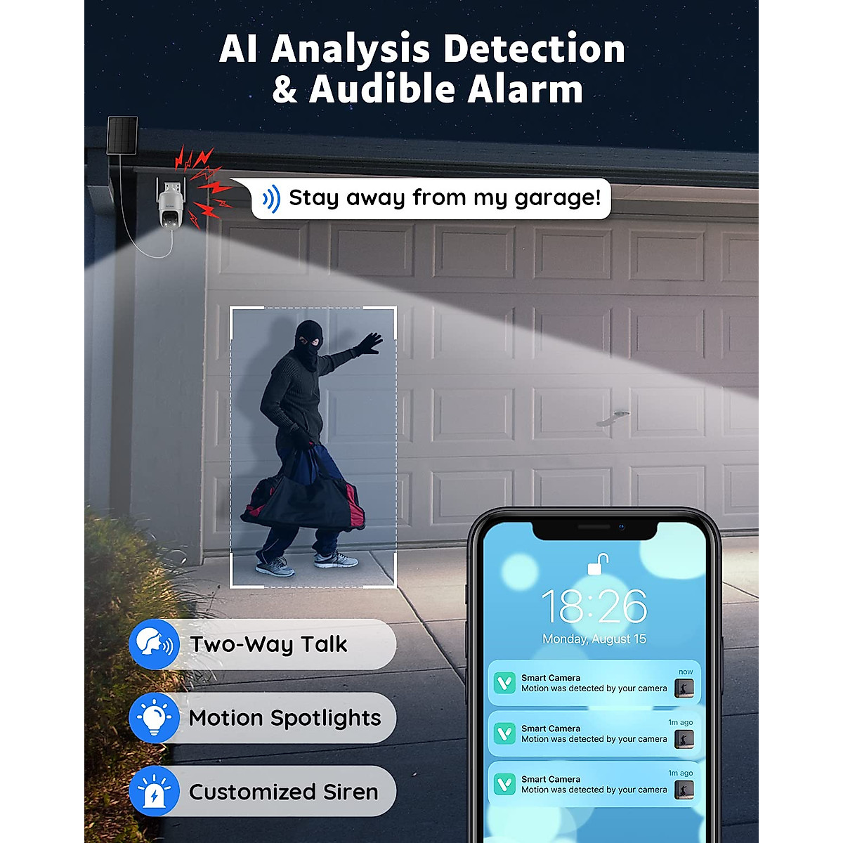 Bestsee Solar Security Camera Outdoor, 2K 360° View PTZ 2.4G Wireless Cameras for Home Security with Mobile App, Spotlight & Siren/3MP Color Night Vision/2-Way Talk/AI Motion Detection/SD/Cloud