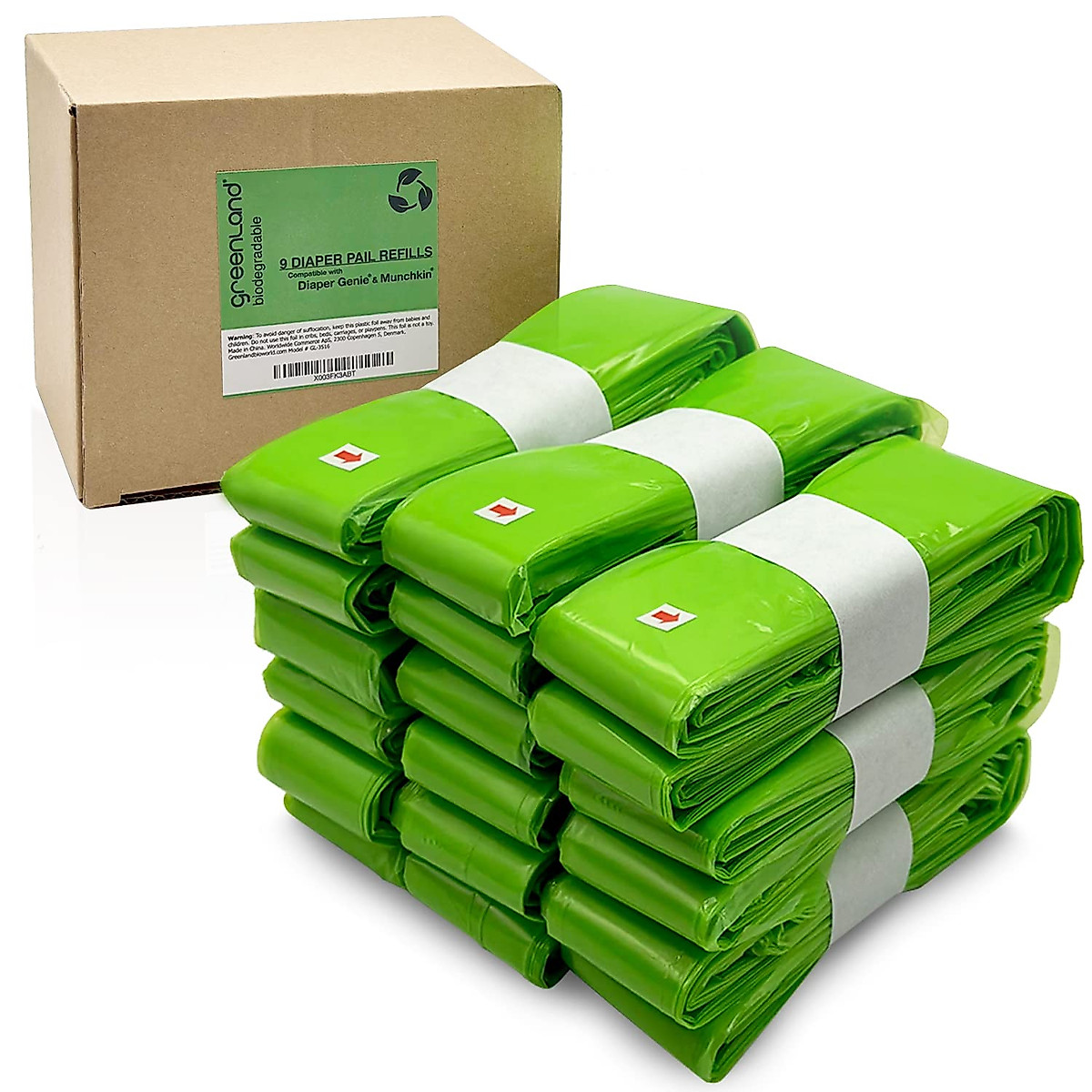 Greenland Biodegradable Diaper Pail Refill Foil for Diaper Genie & Munchkin 9-Pack