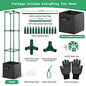 FITTDYHE 3 Pack Tomato Cages for Garden 48 Inches with 3Pcs Tomato Planter(10-Gallon), Upgraded Fiberglass Tomato Trellis Garden Plant Cage, Tomato Plant Support with Grow Bags, Clip,Twist Ties