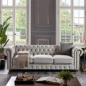 Chesterfield 3 Seater Button Tufted Sofa, Linen Fabric Upholstered Couch with Nailhead Arms Removable Cushions Rubber Wood Legs for Living Room Office Bedroom