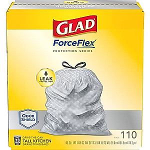 GLAD ForceFlex Tall Kitchen Drawstring Trash Bags, 13 Gallon Grey Trash Bag for Kitchen Trash Can, Odor Shield, Odor Eliminator and Leak Protection, 110 Count