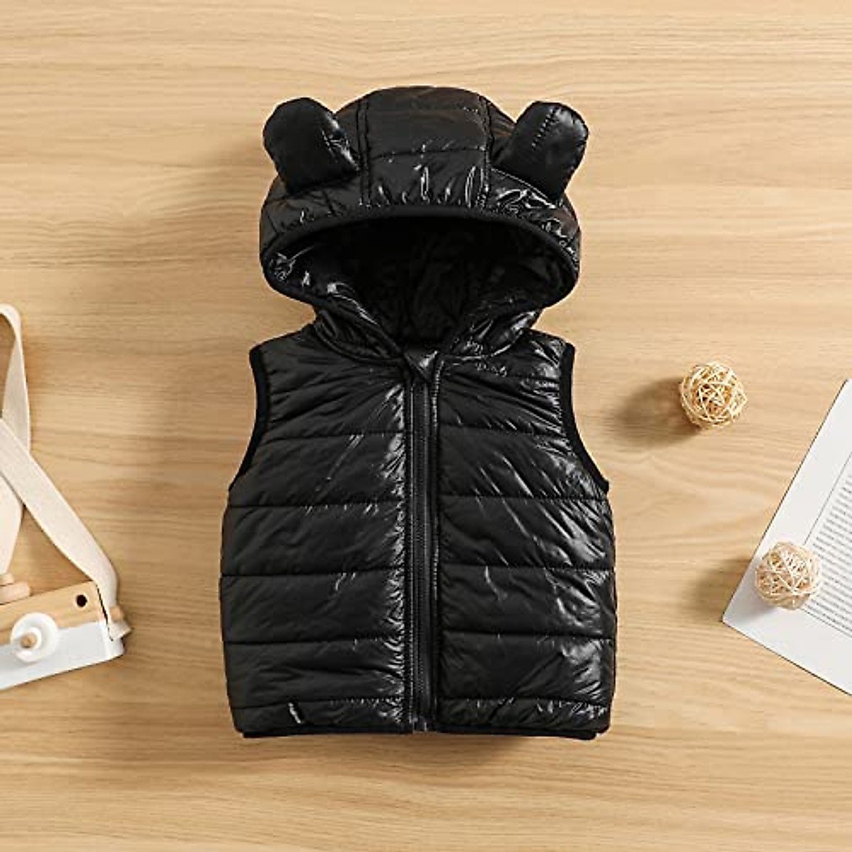 LOPJGH Toddler Baby Boys Girls Jacket Coats Bear Ears Hooded Solid Color Puffer Warm Down Coat Winter Outerwear (Black Vest, 5-6 years)